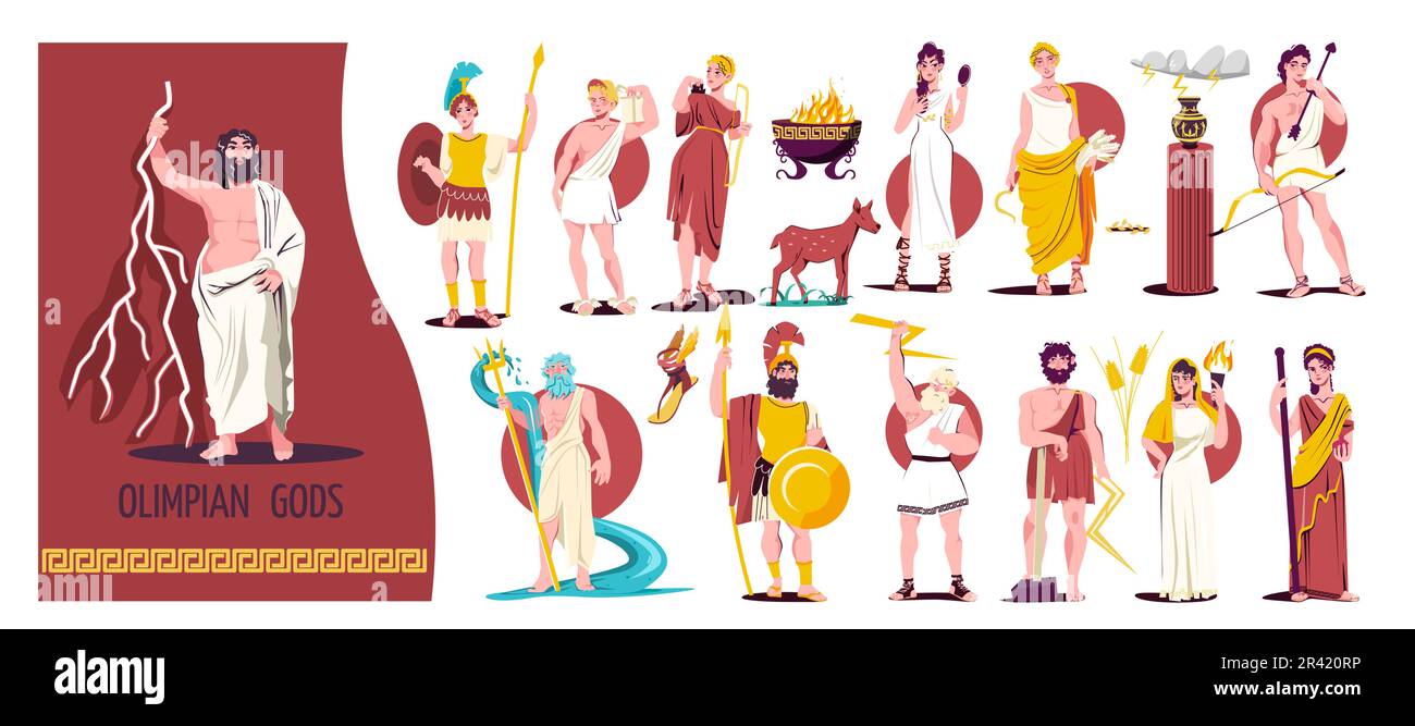 Olympian gods isolated flat icon set different gods figures and greek warriors vector ...