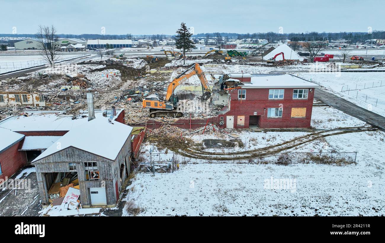 Sky view of an old abandoned building being torn down in winter Stock ...