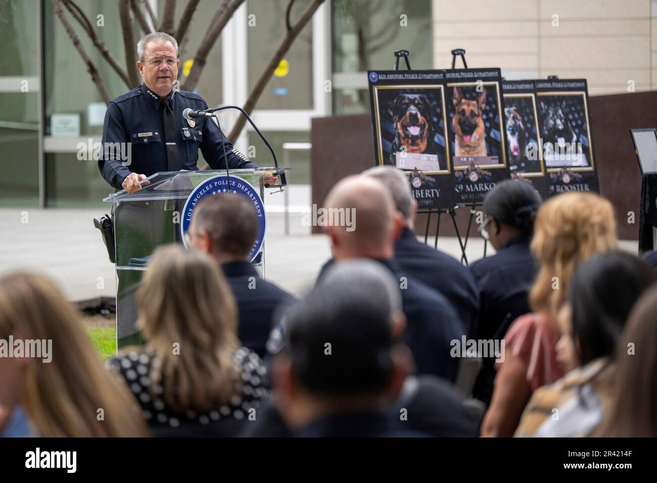 Los Angeles Police Department Chief Michel Moore speaks during a ...