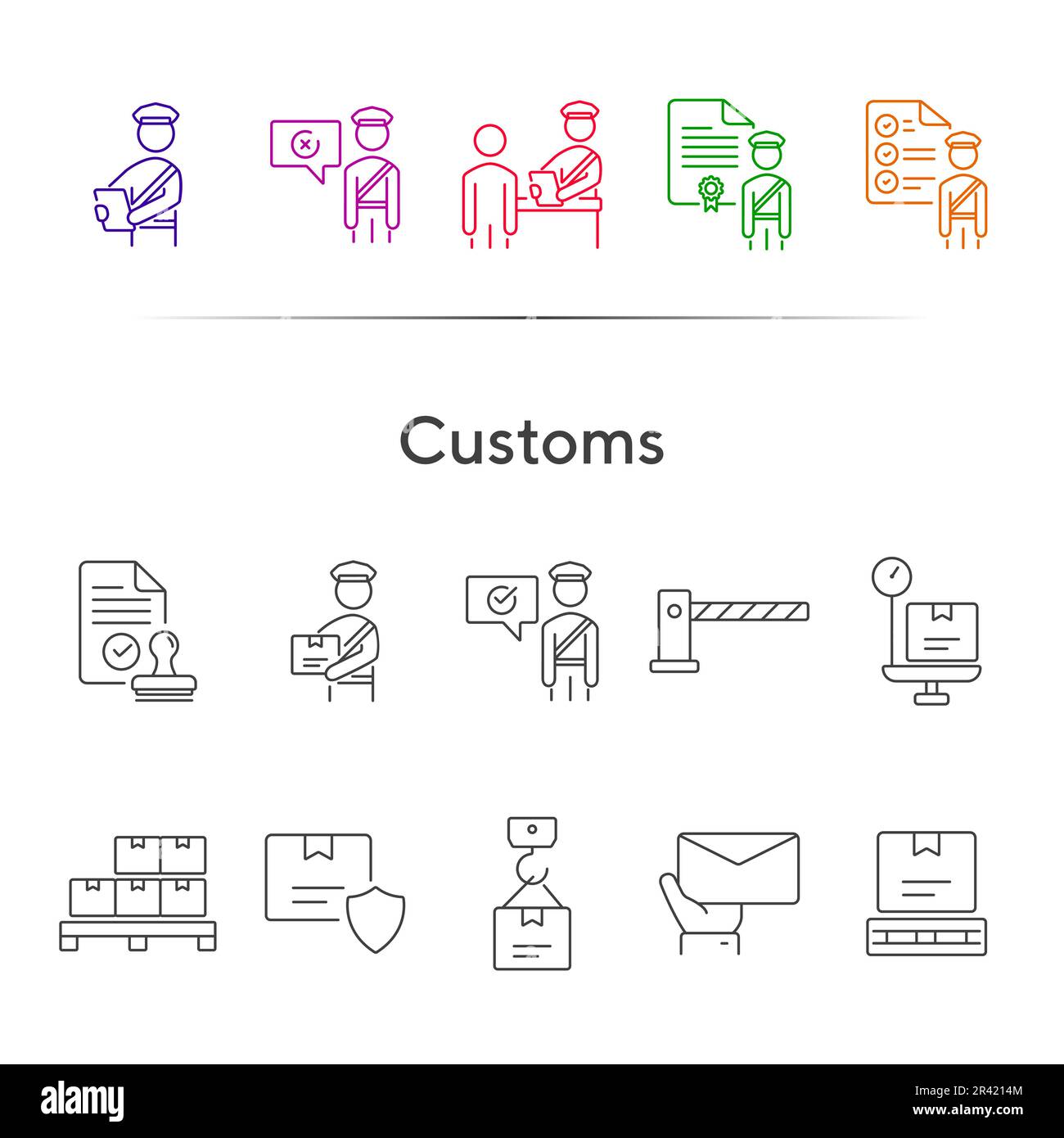 Customs icons. Set of line icons. Customs officer, passport check ...