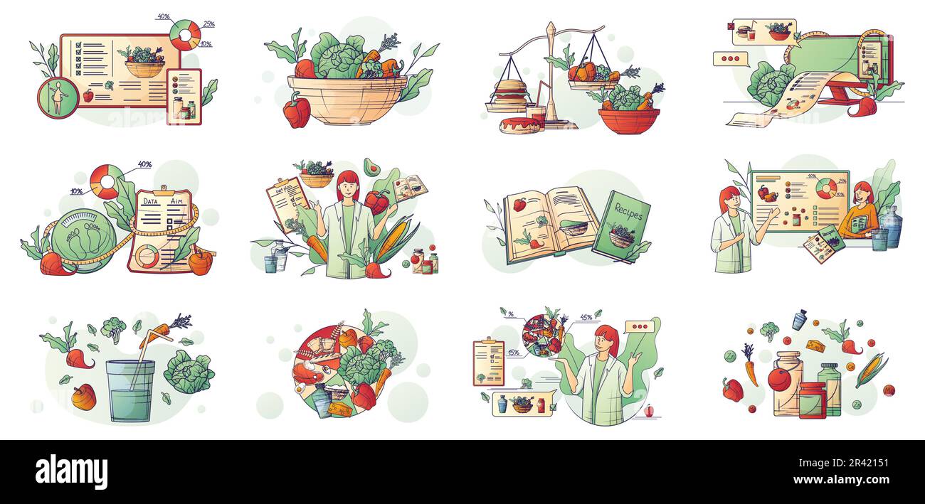 Nutritionist dietitian dietologist set of isolated compositions with ...