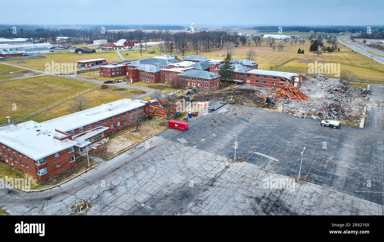 Drone aerial of construction site of deconstruction of old abandoned ...