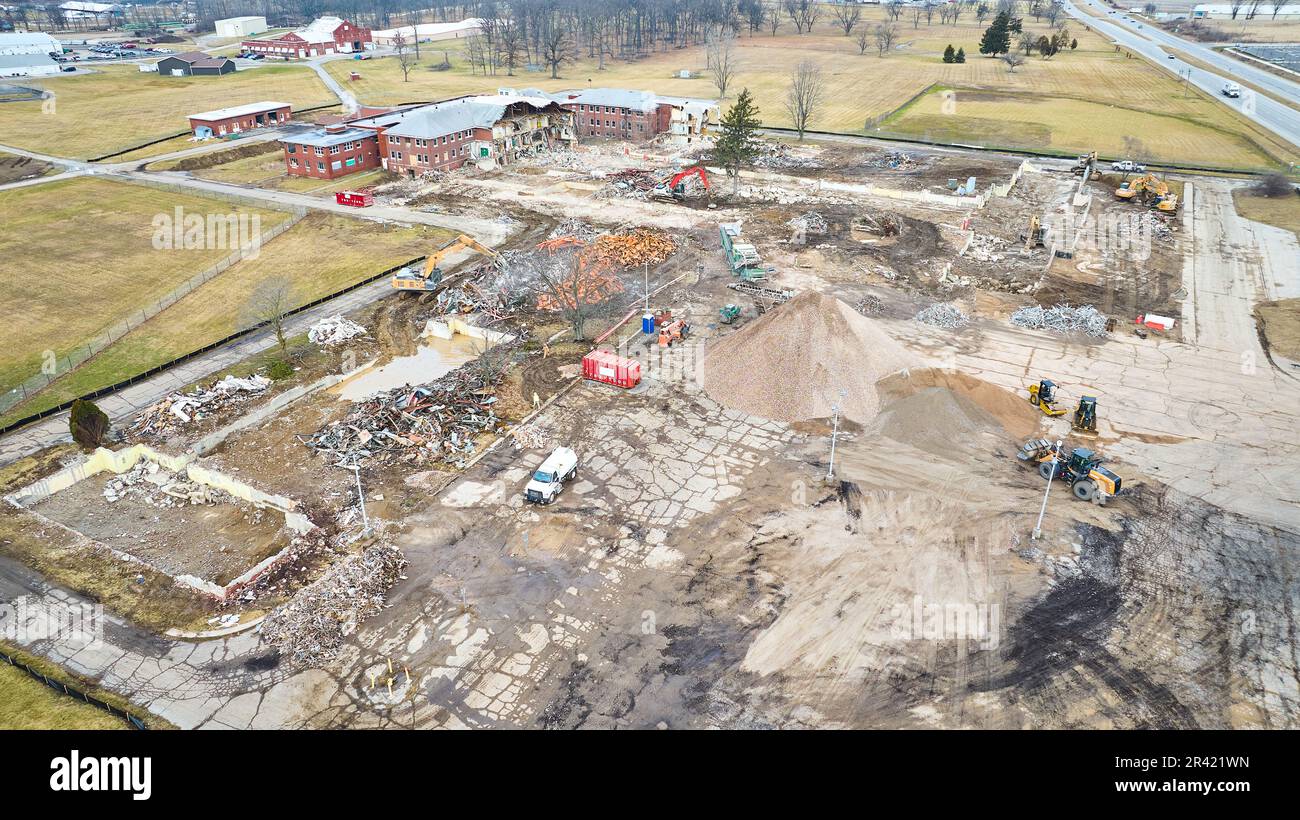 Mounds of rubble at construction zone near destroyed building Stock ...