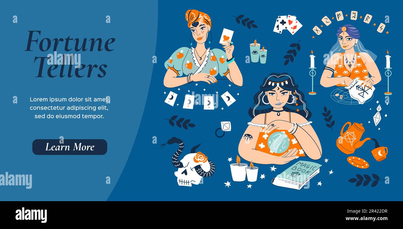 Fortune tellers flat web site with female characters looking through ...