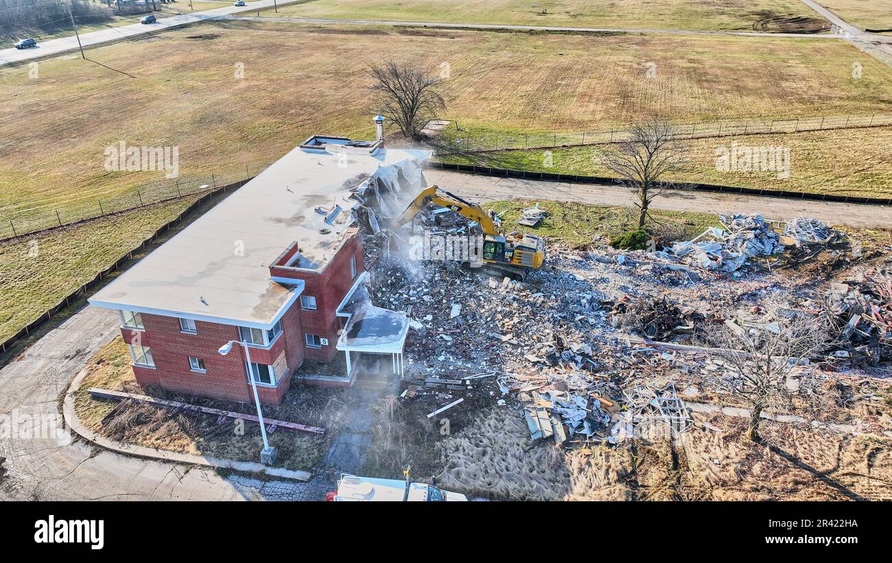 Destroyed building aerial view with drone Stock Photo - Alamy