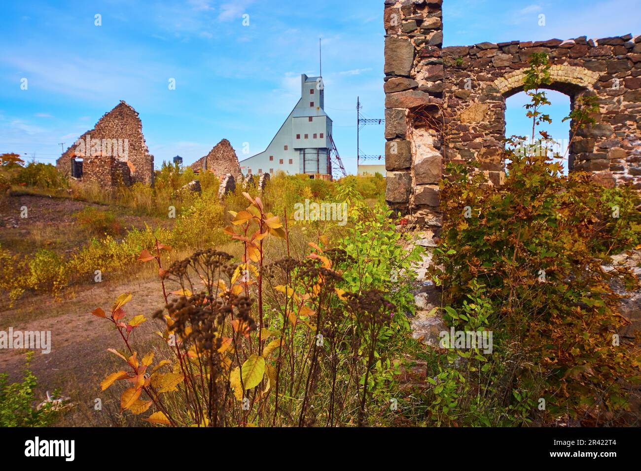 Overgrown field with abandoned structure and stone building with window ...