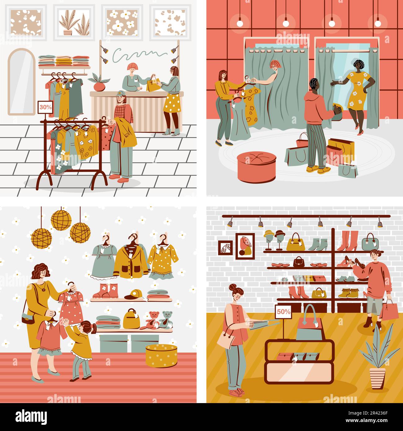 Shopping people 2x2 design concept set of four scenes with buyers in ...
