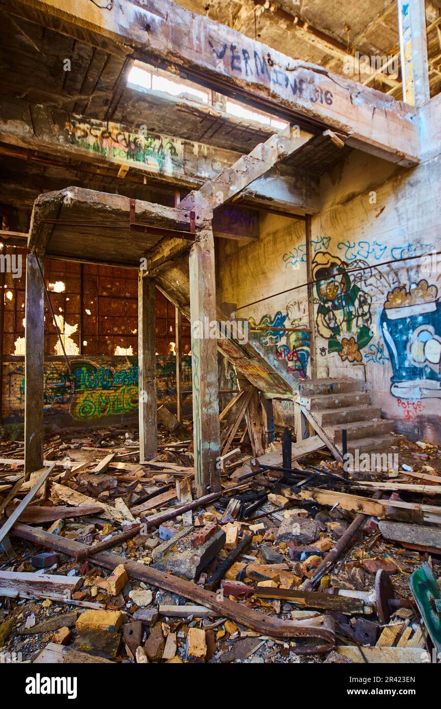 Abandoned Building Graffiti On Walls Collapsed Roof And Floor Rubble