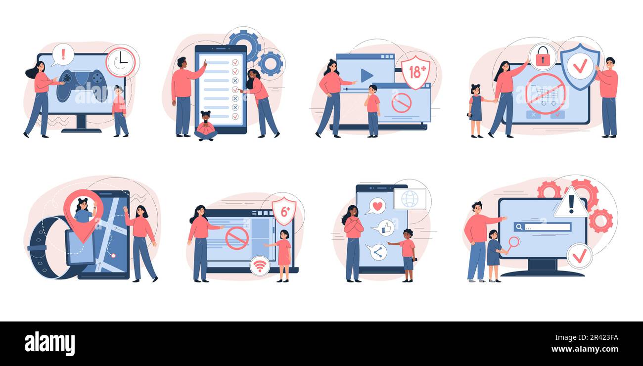 Parental control set with flat isolated compositions of gadget icons ...