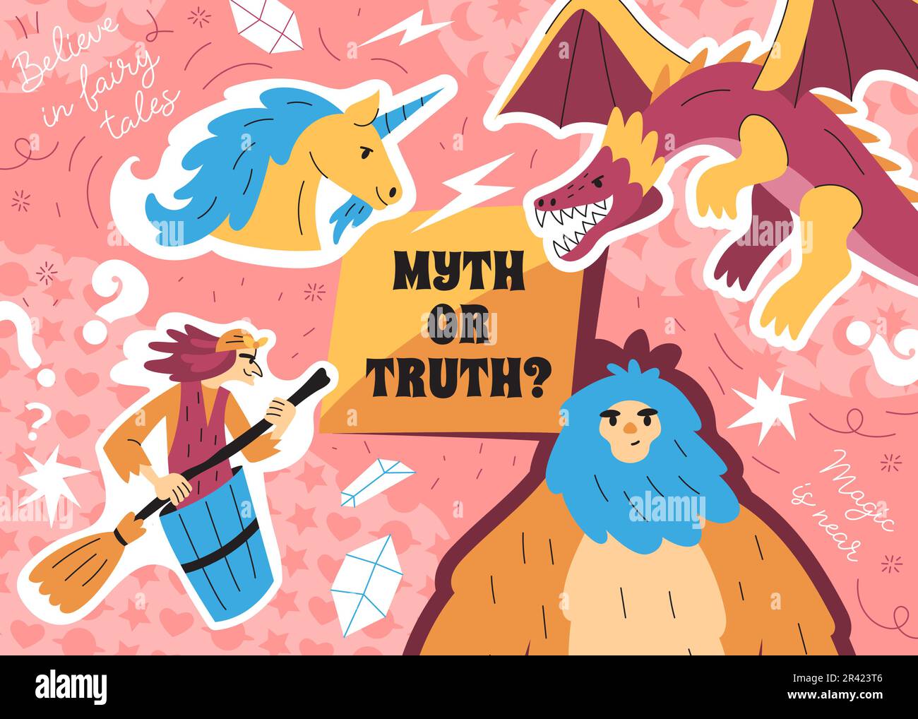 Mythical creatures composition with collage of flat characters with unicorn dragon old witch and ...