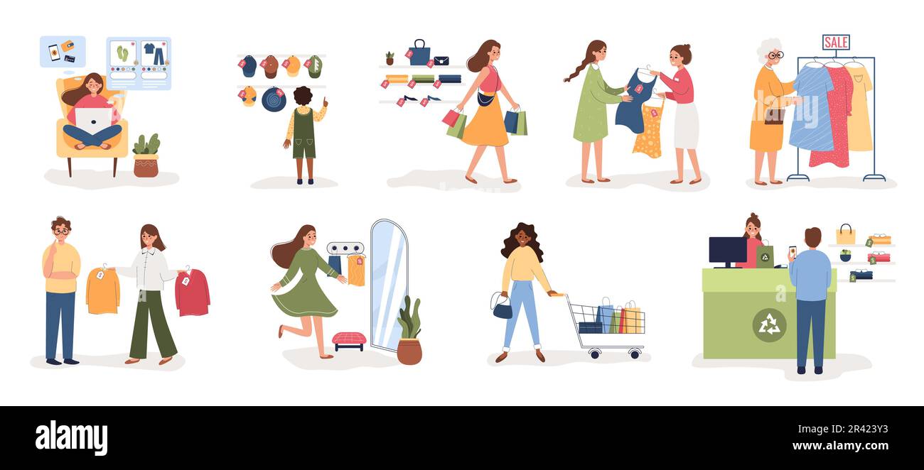 Shopping people flat set with isolated compositions of human characters ...