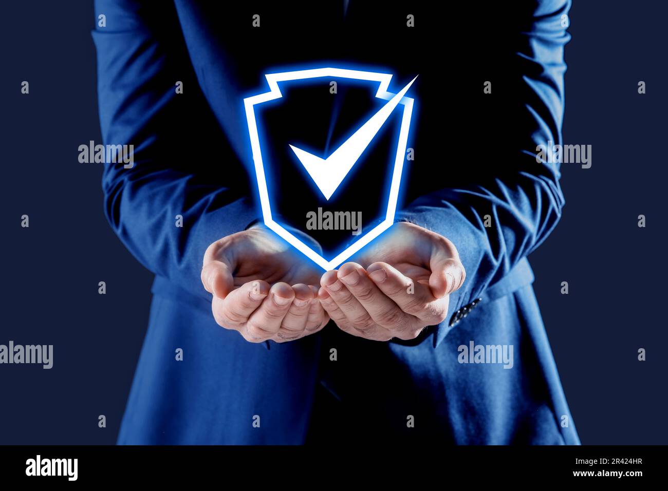 Anti-fraud security system. Man with illustration of checkmark in ... Anti-fraud security system. Man with illustration of checkmark in ...