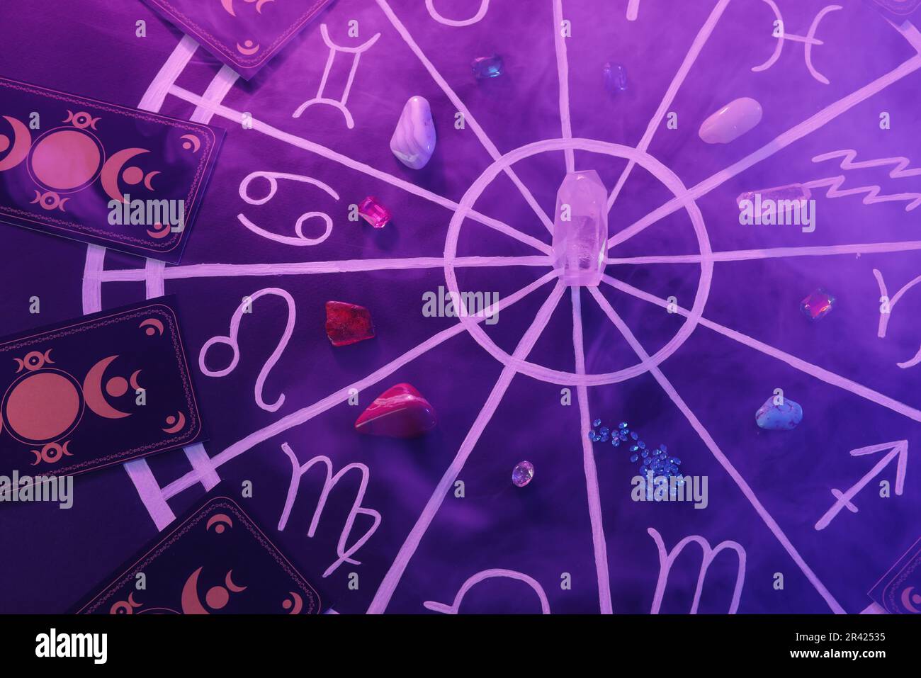 Natural stones for zodiac signs, tarot cards and drawn astrology chart ...