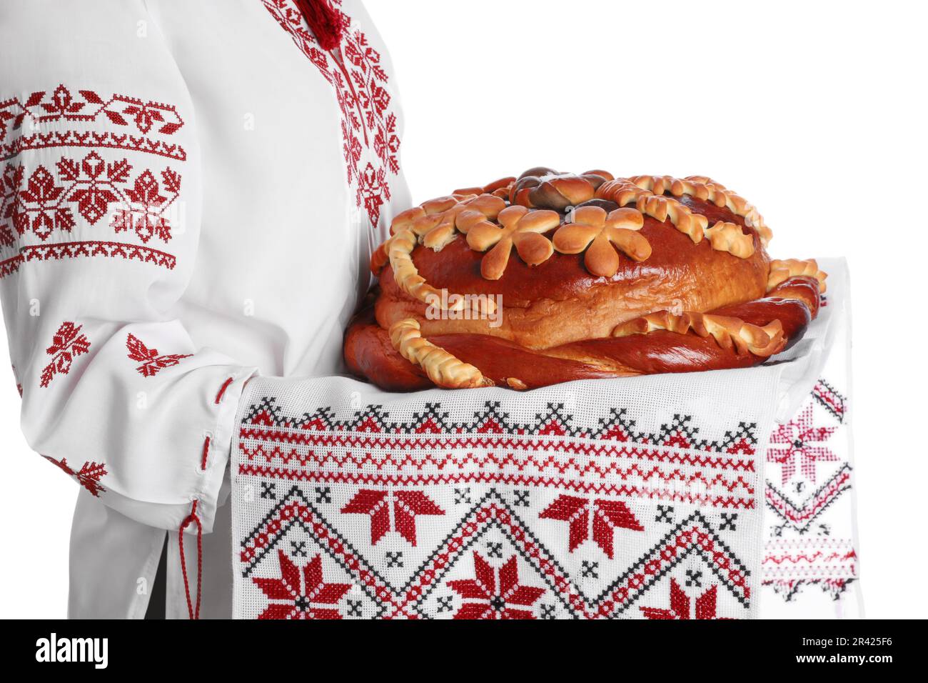 Woman with korovai on white background, closeup. Ukrainian bread and ...
