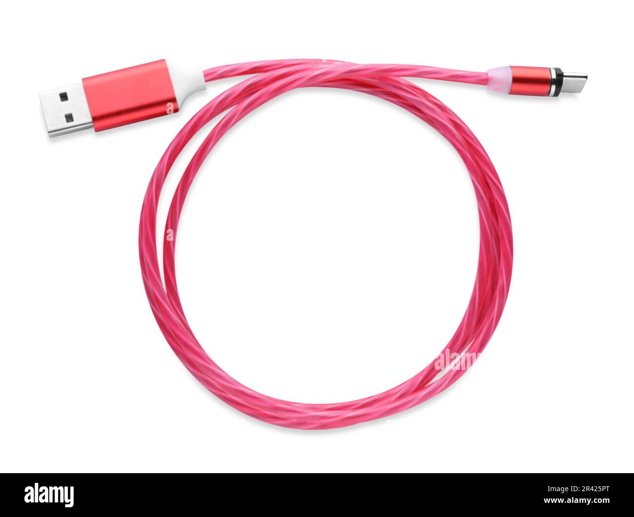 Red USB cable with type C connector isolated on white, top view Stock ...