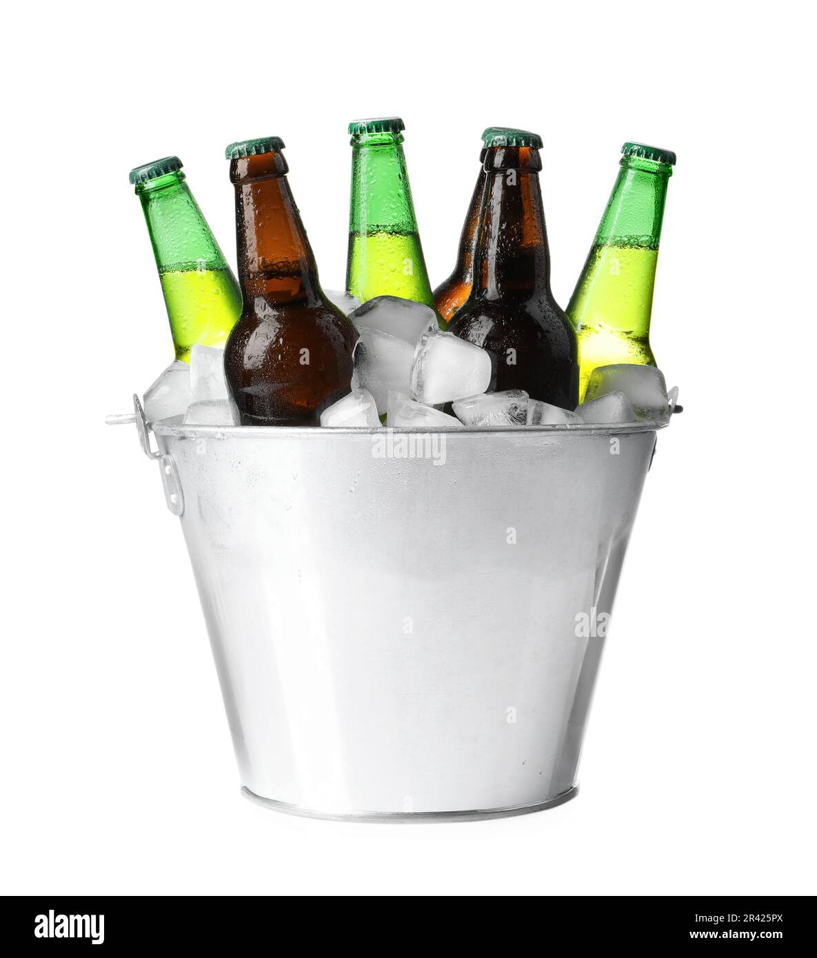Metal bucket with different bottles of beer and ice cubes on white ...