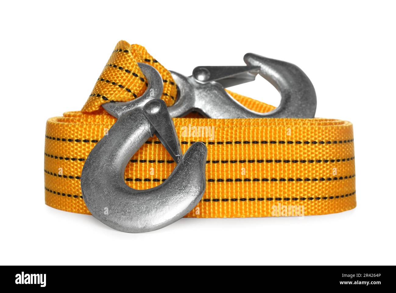 Towing strap with steel hooks isolated on white. Car safety Stock Photo ...