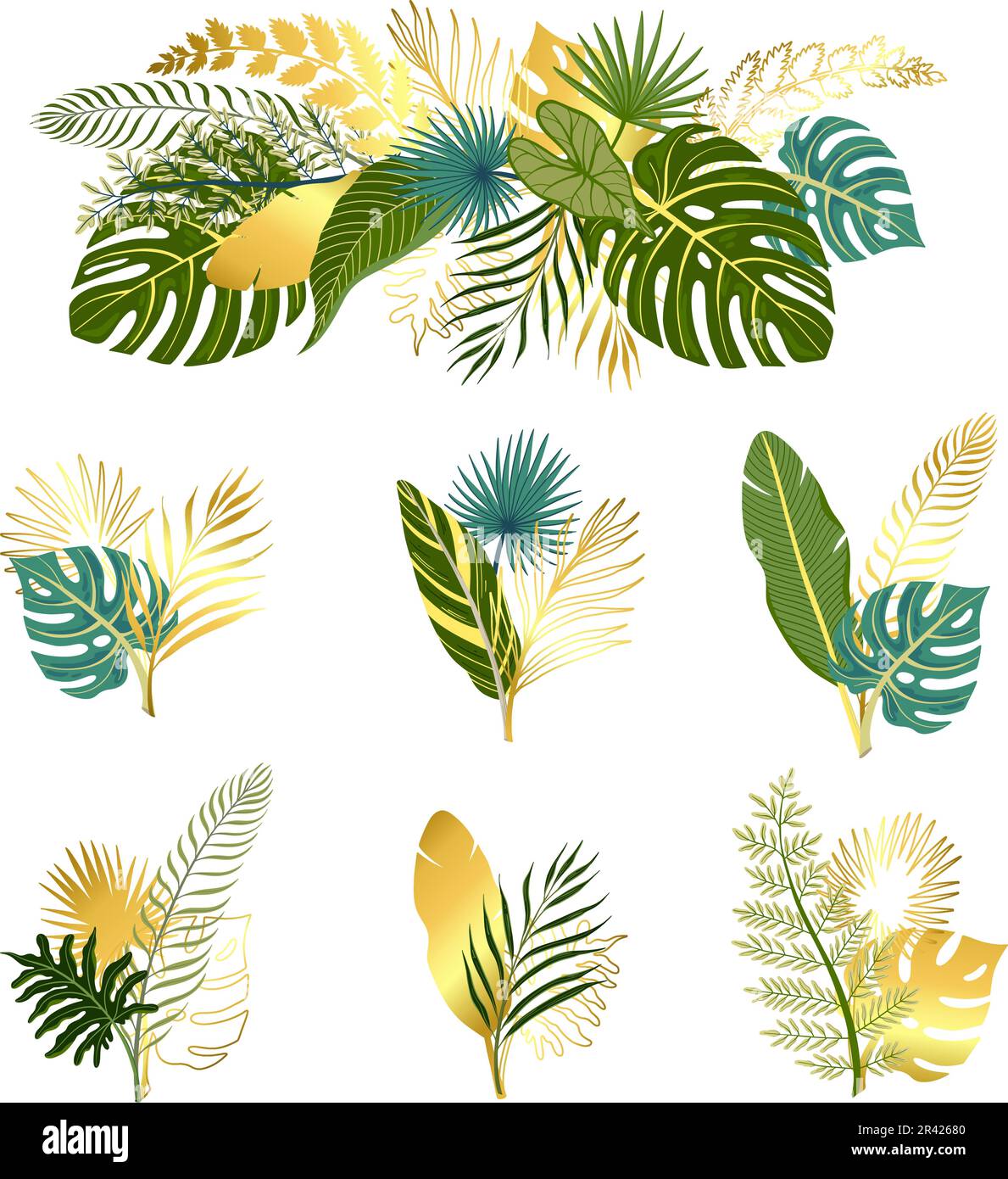 Bunches of green and golden tropical leaves flat set isolated on white ...