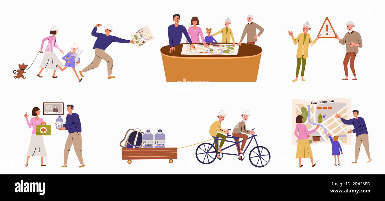 Disaster prevention flat set of isolated icons with human characters ...