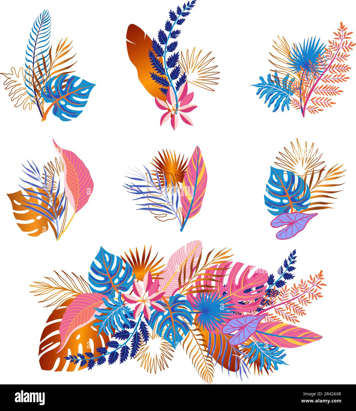 Bunches of color tropical leaves of various exotic plants flat set ...