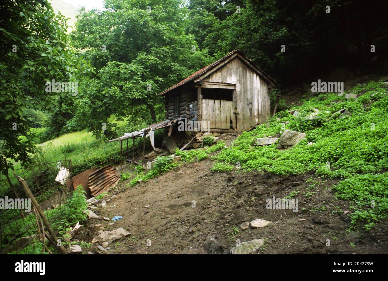 Simple shed on a hillside rural property in Romania, approx. 2000 Stock ...
