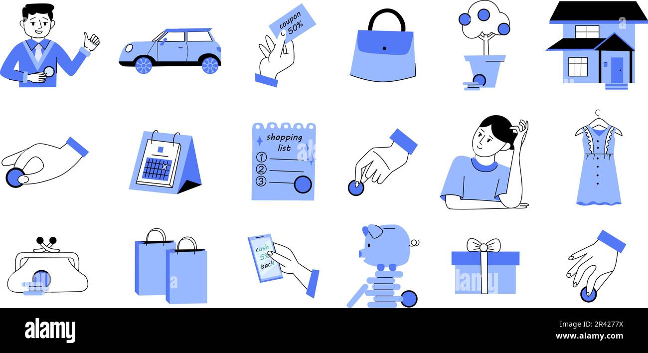 Financial planning flat set of icons in blue color with house car ...