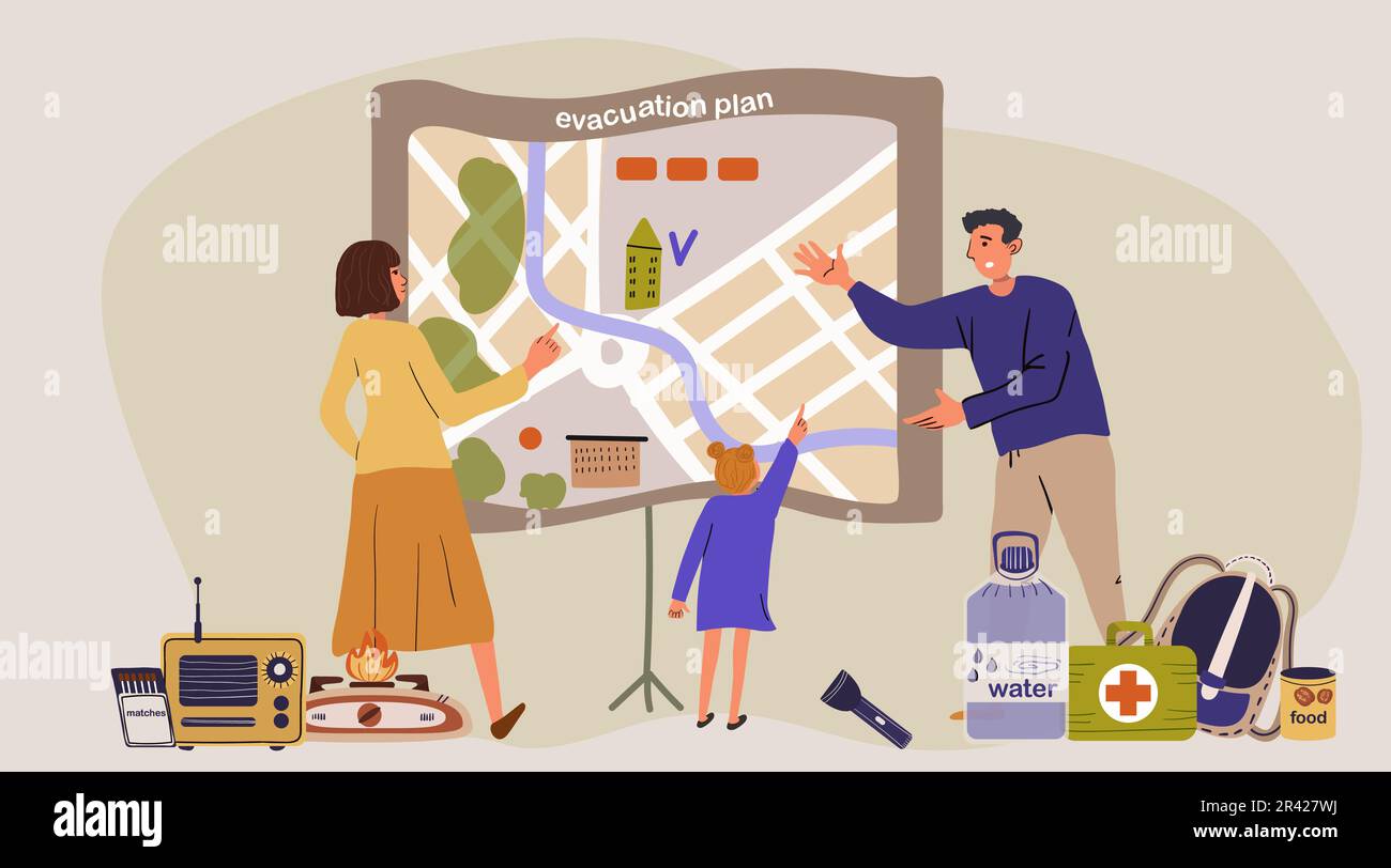 Disaster prevention flat composition with view of family members with ...