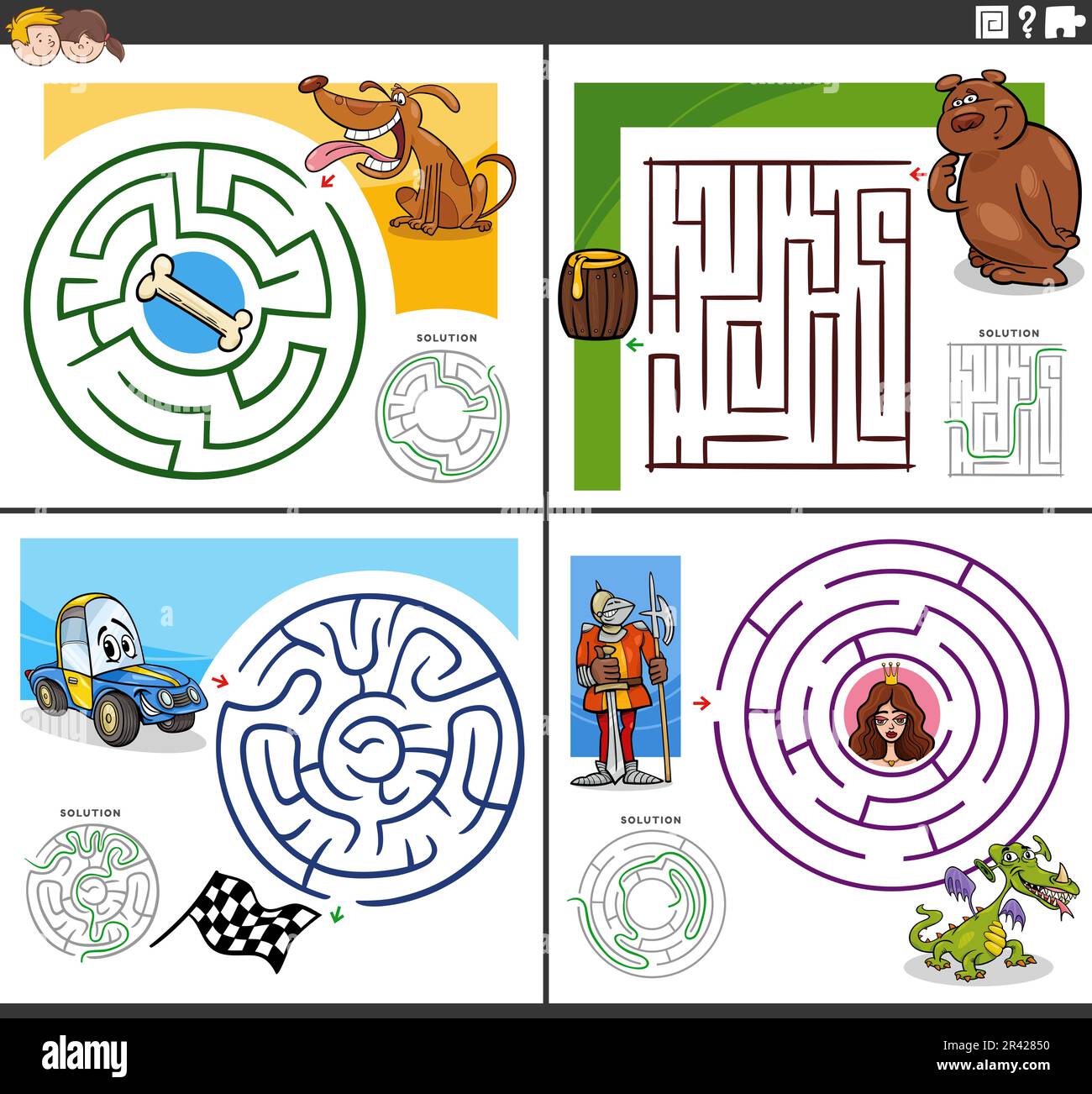 Maze games set with funny cartoon characters Stock Photo - Alamy