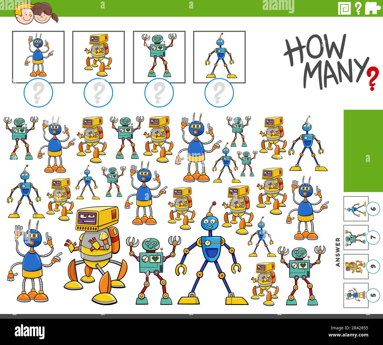 How many cartoon robots characters counting activity Stock Photo - Alamy