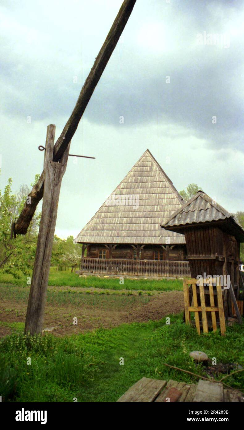 Giulesti, Maramures County, Romania, 2001. Old traditional wooden house ...
