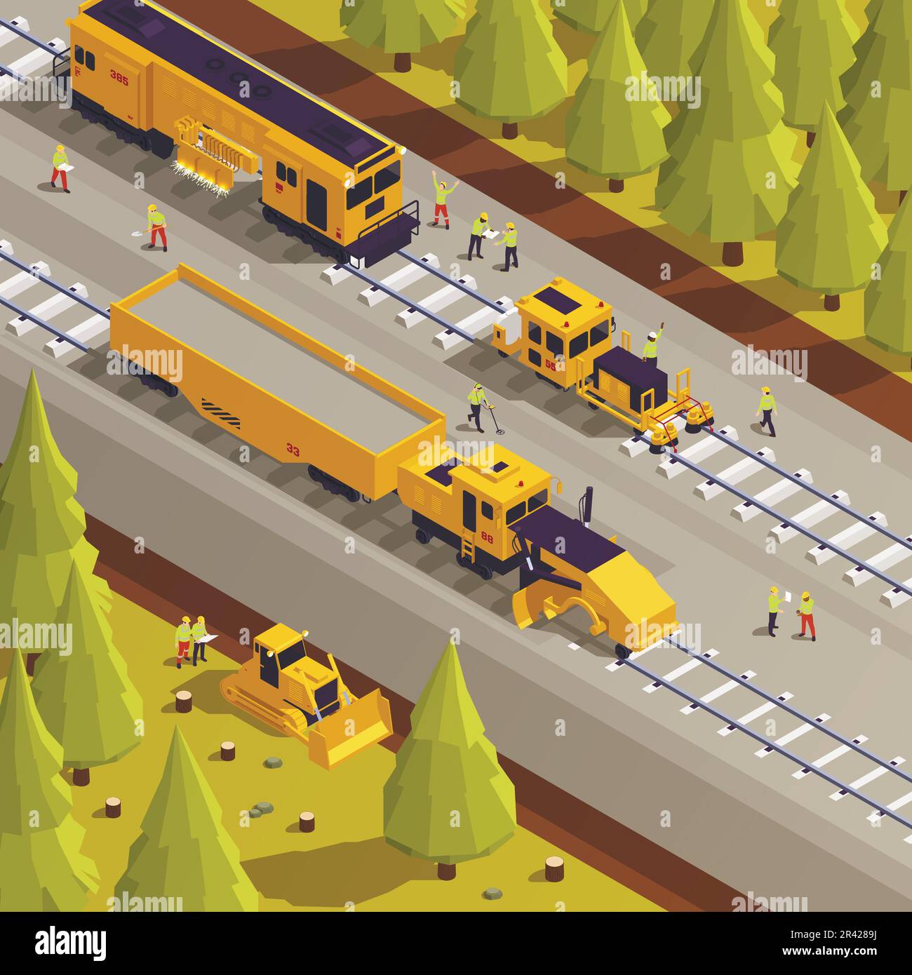 Isometric railroad track laying process with railway machinery and ...