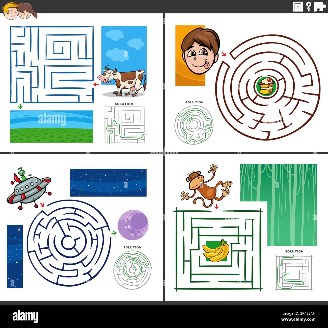 Maze games set with funny cartoon characters Stock Photo - Alamy