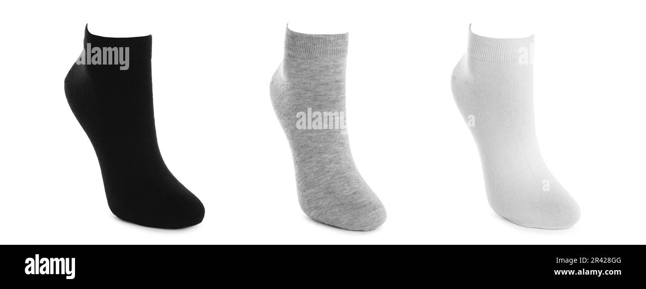 Set with different socks on white background. Banner design Stock Photo ...