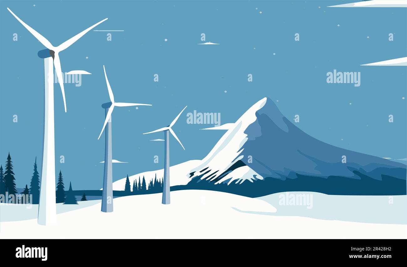 Snow covered landscape with wind turbines in the foreground and ...