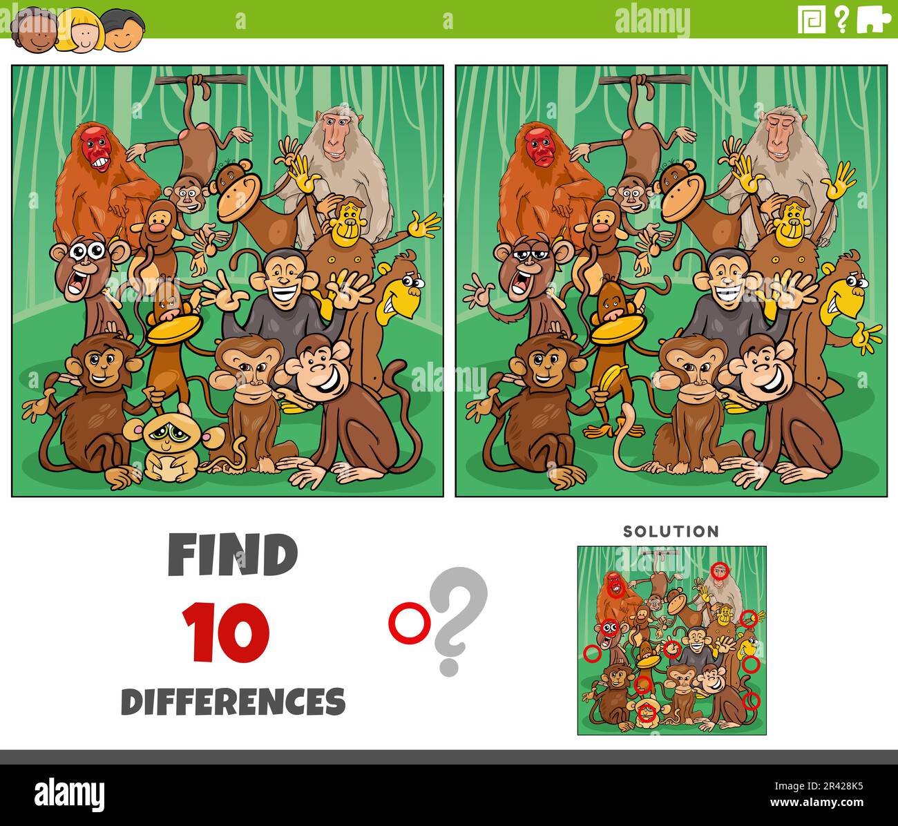 Differences game with cartoon monkeys characters group Stock Photo - Alamy
