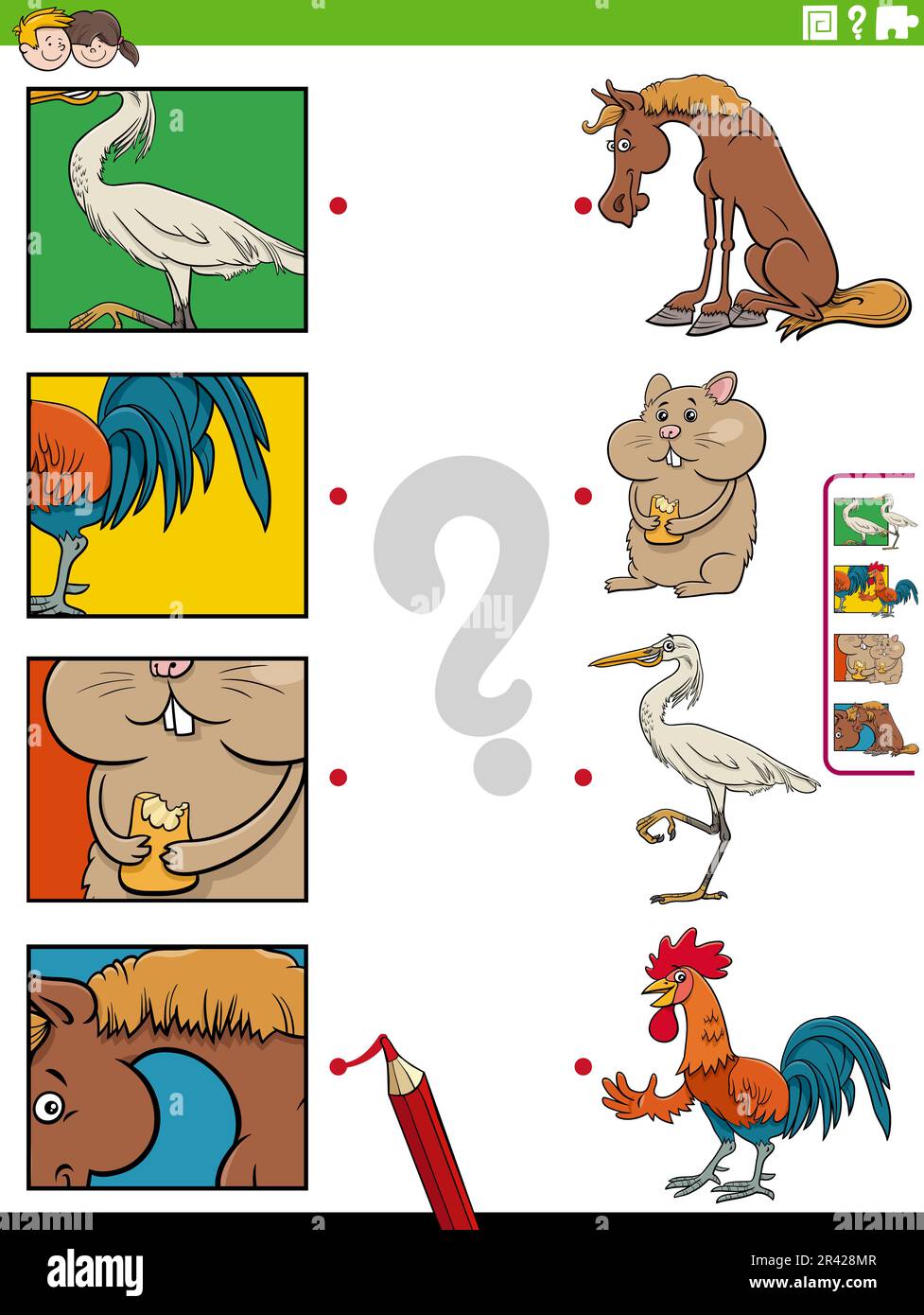 Match cartoon animals and clippings educational game Stock Photo - Alamy