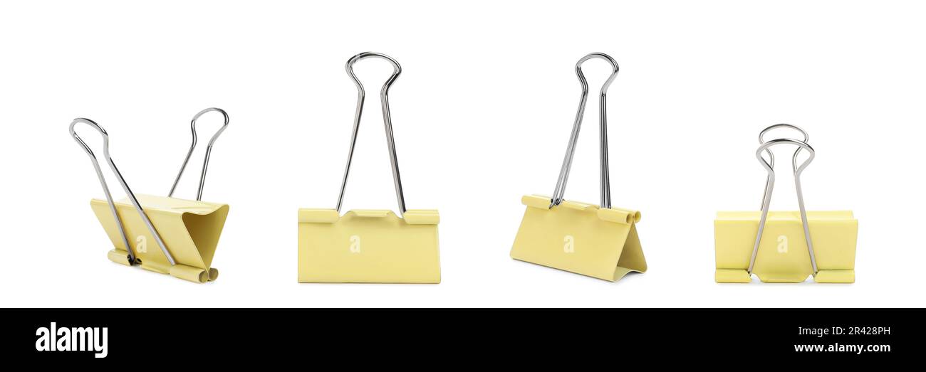 Set with yellow binder clips on white background. Banner design Stock ...
