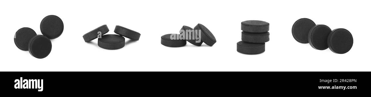 Set with activated charcoal pills on white background, banner design ...