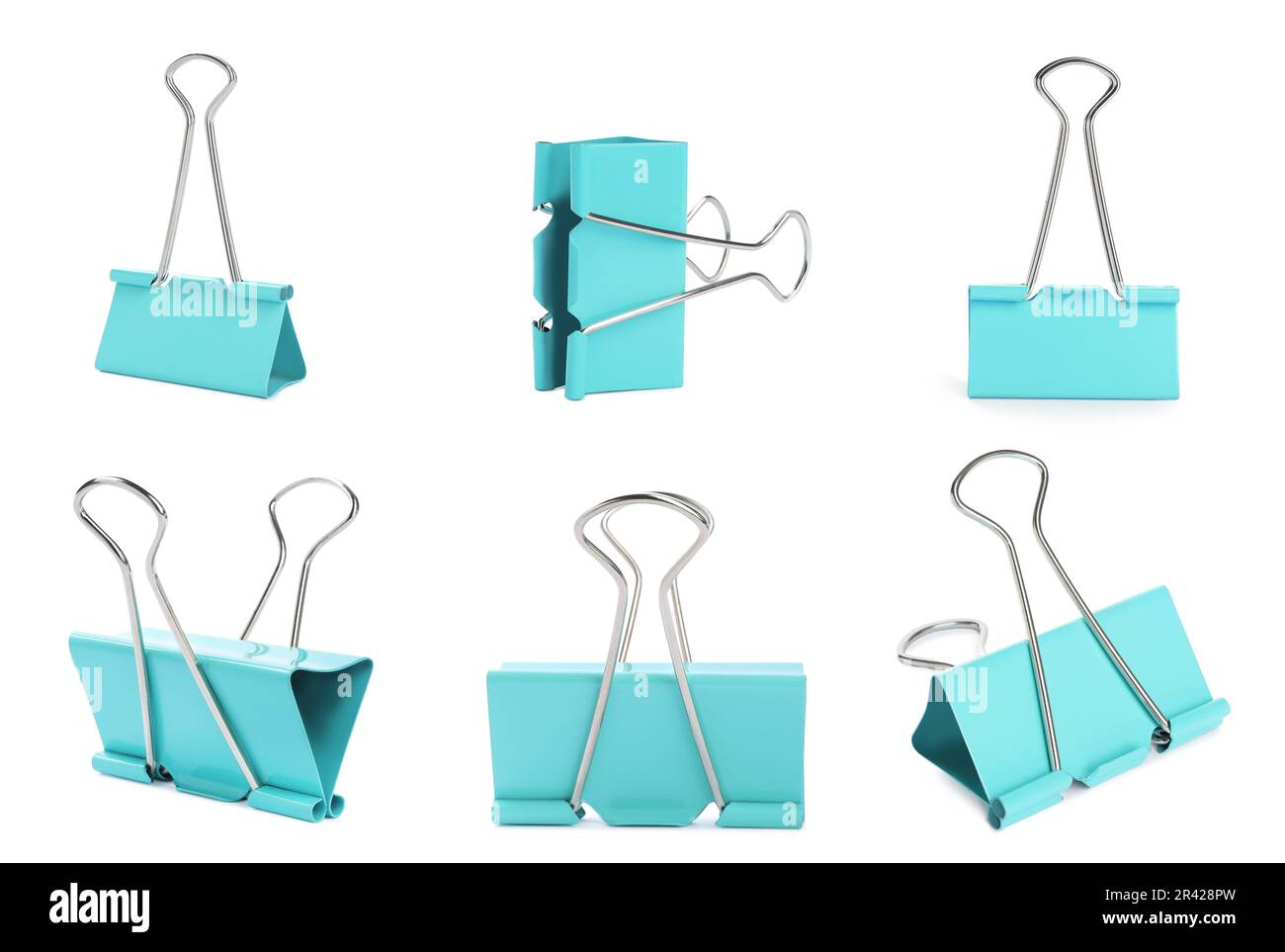 Set with light blue binder clips on white background Stock Photo - Alamy