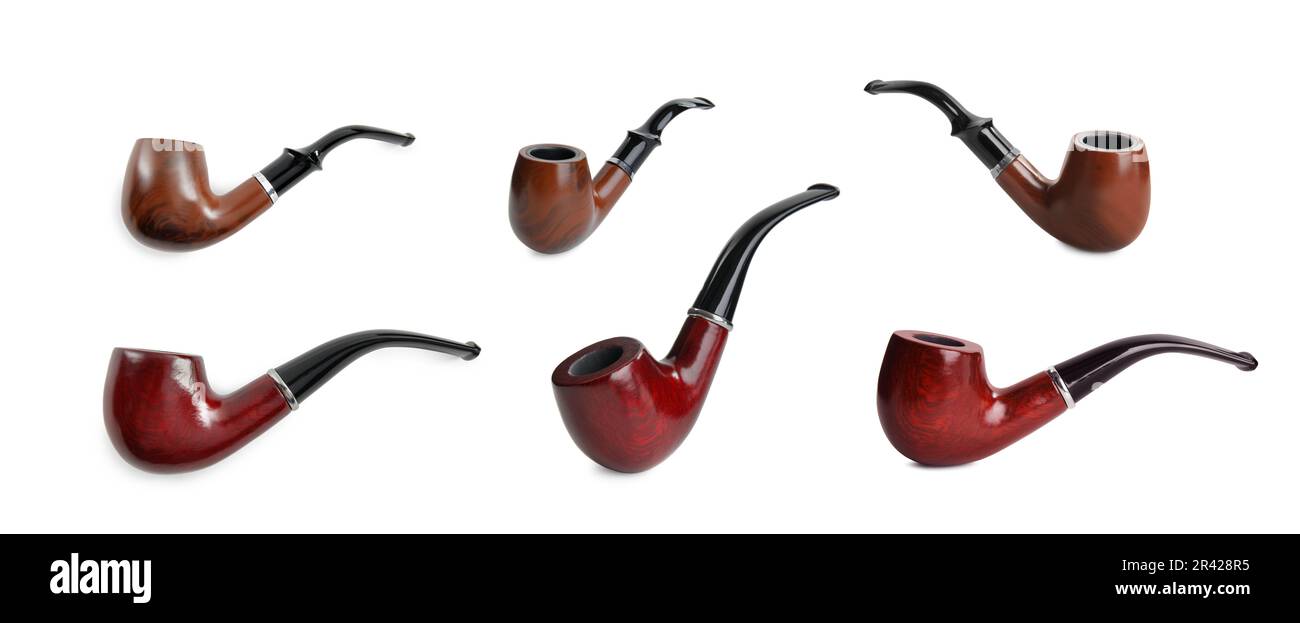 Set with smoking pipes with tobacco on white background. Banner design ...
