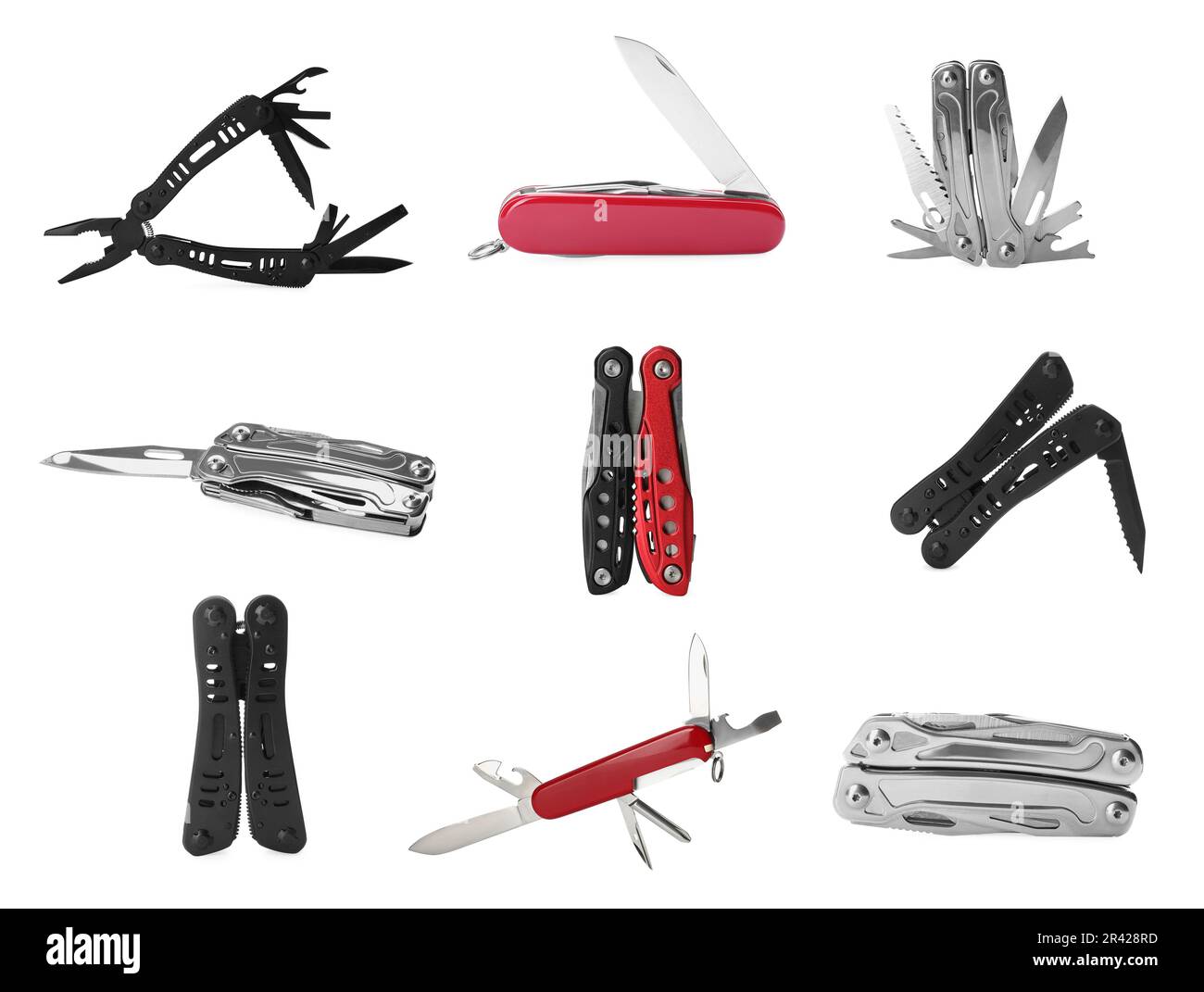 Set with different portable multitools on white background Stock Photo ...