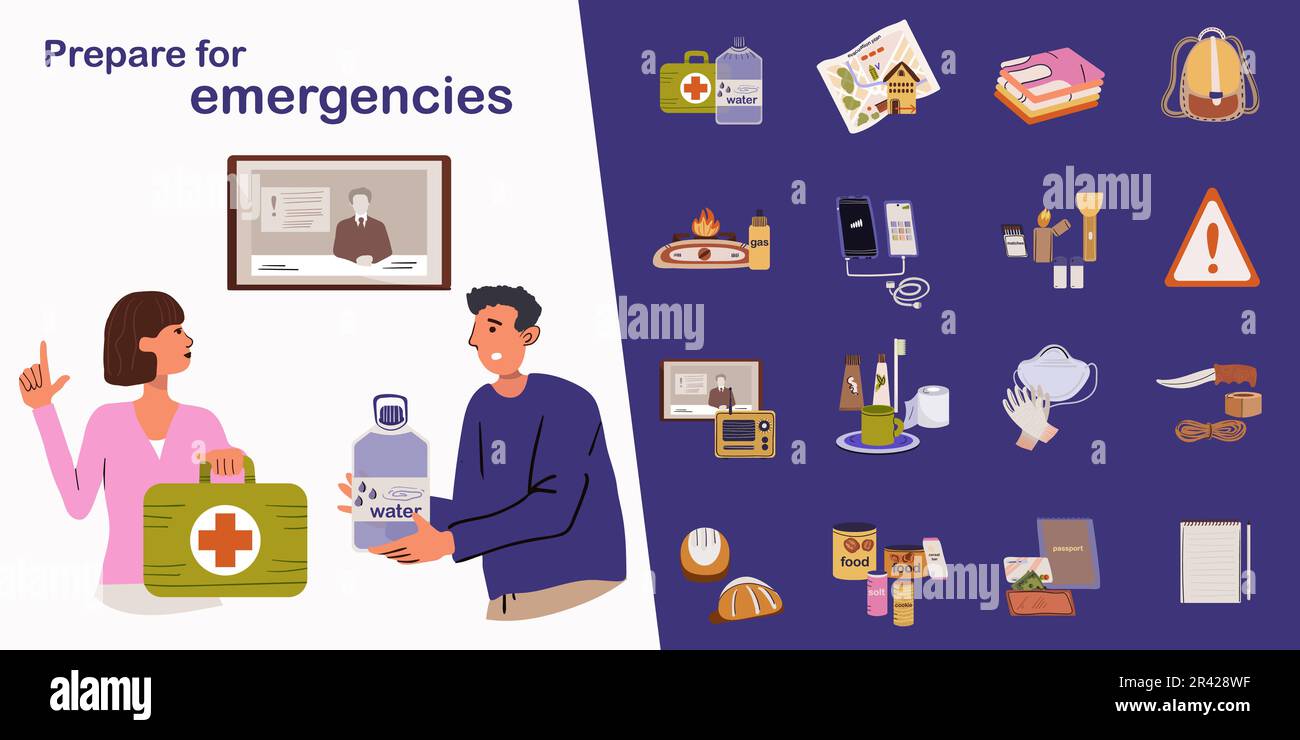 Disaster prevention flat composition with isolated icons of medication ...