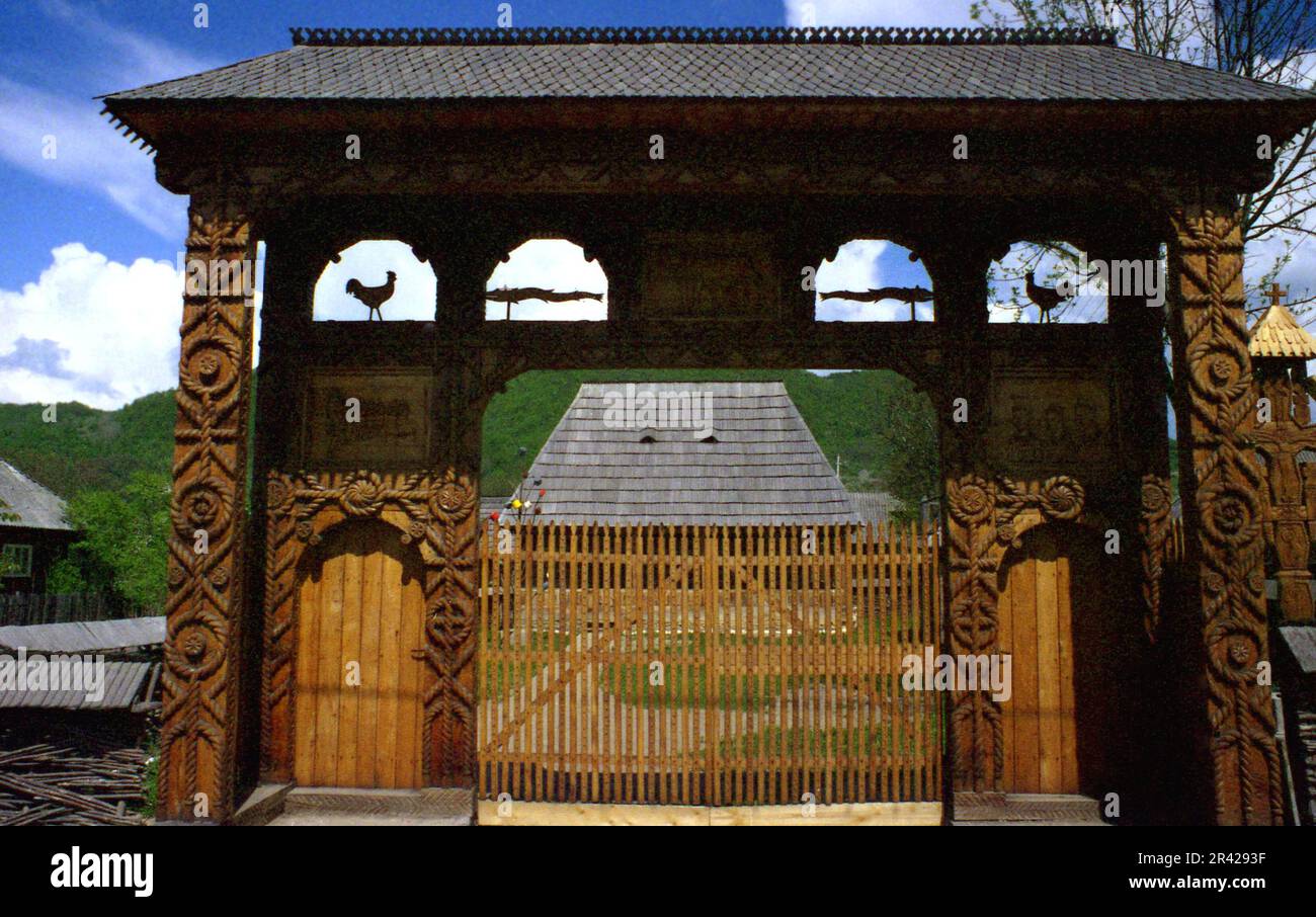 Maramures, Romania, approx. 2000. Impressive traditional wooden gate ...