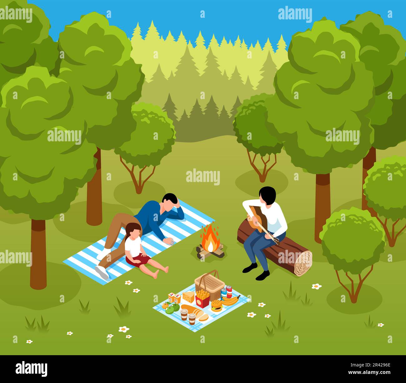 Isometric barbecue concept with people near forest bonfire vecto4r ...