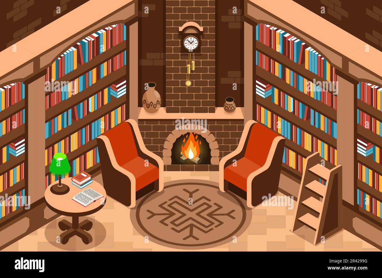 Isometric luxury library interior with fireplace and bookshelves vector ...