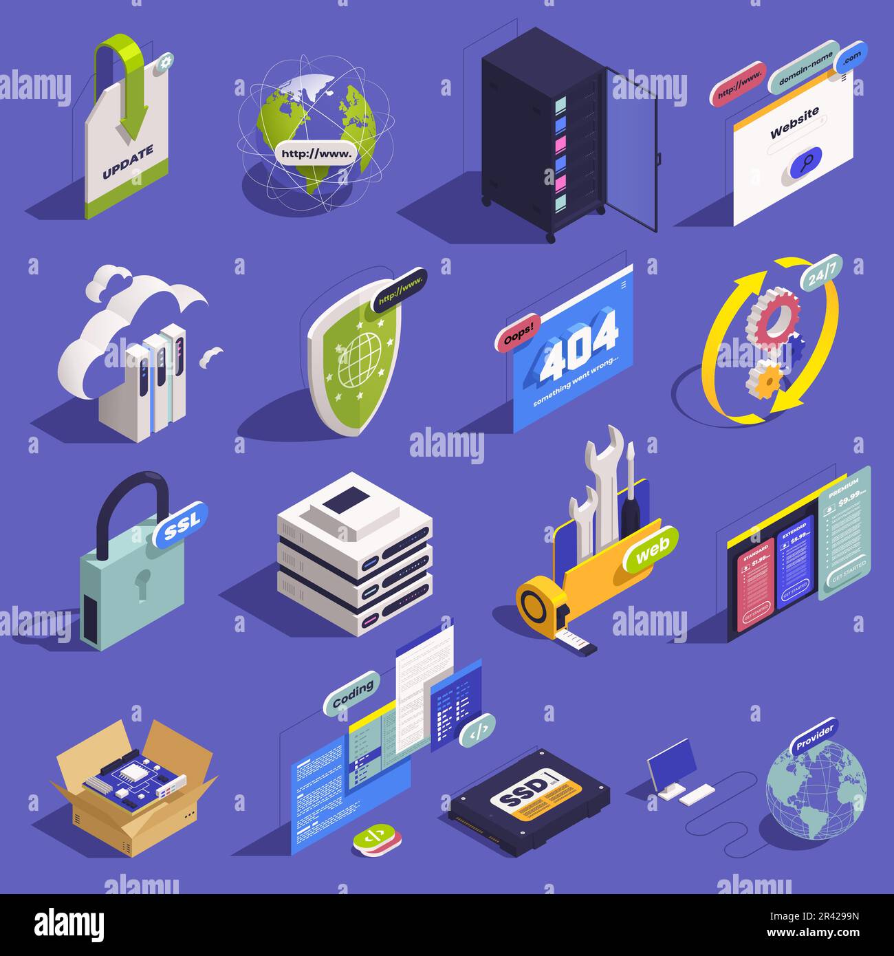 Web hosting icons isometric set with isolated images of computers data ...