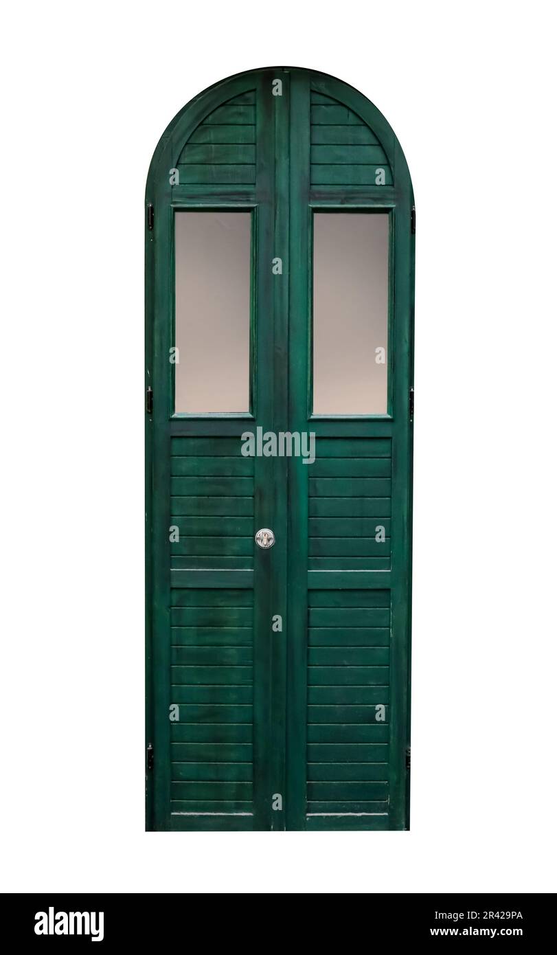 Green wooden doors on white background Stock Photo - Alamy