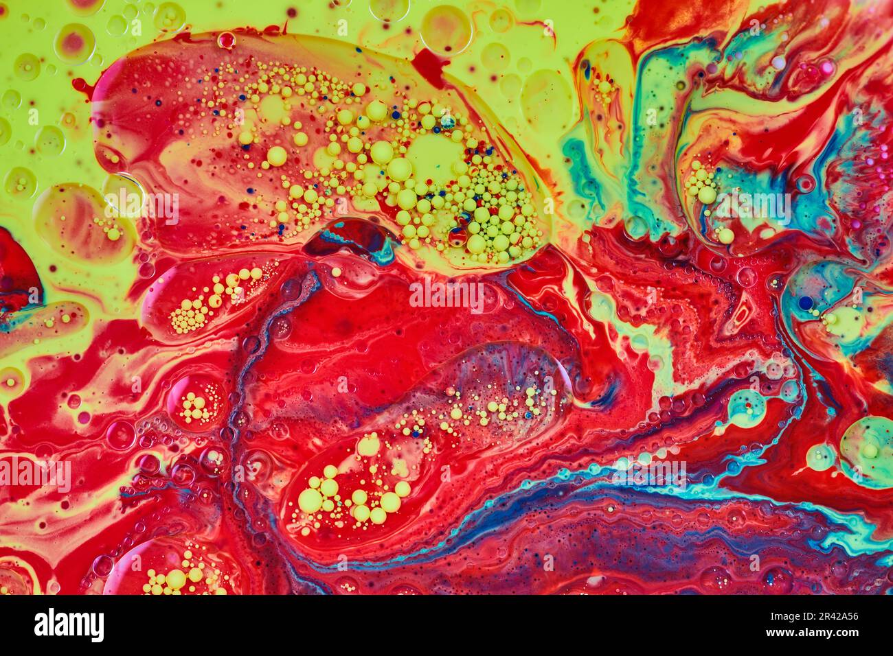 Abstract painting of acrylic paint and oil experiment with blue yellow ...