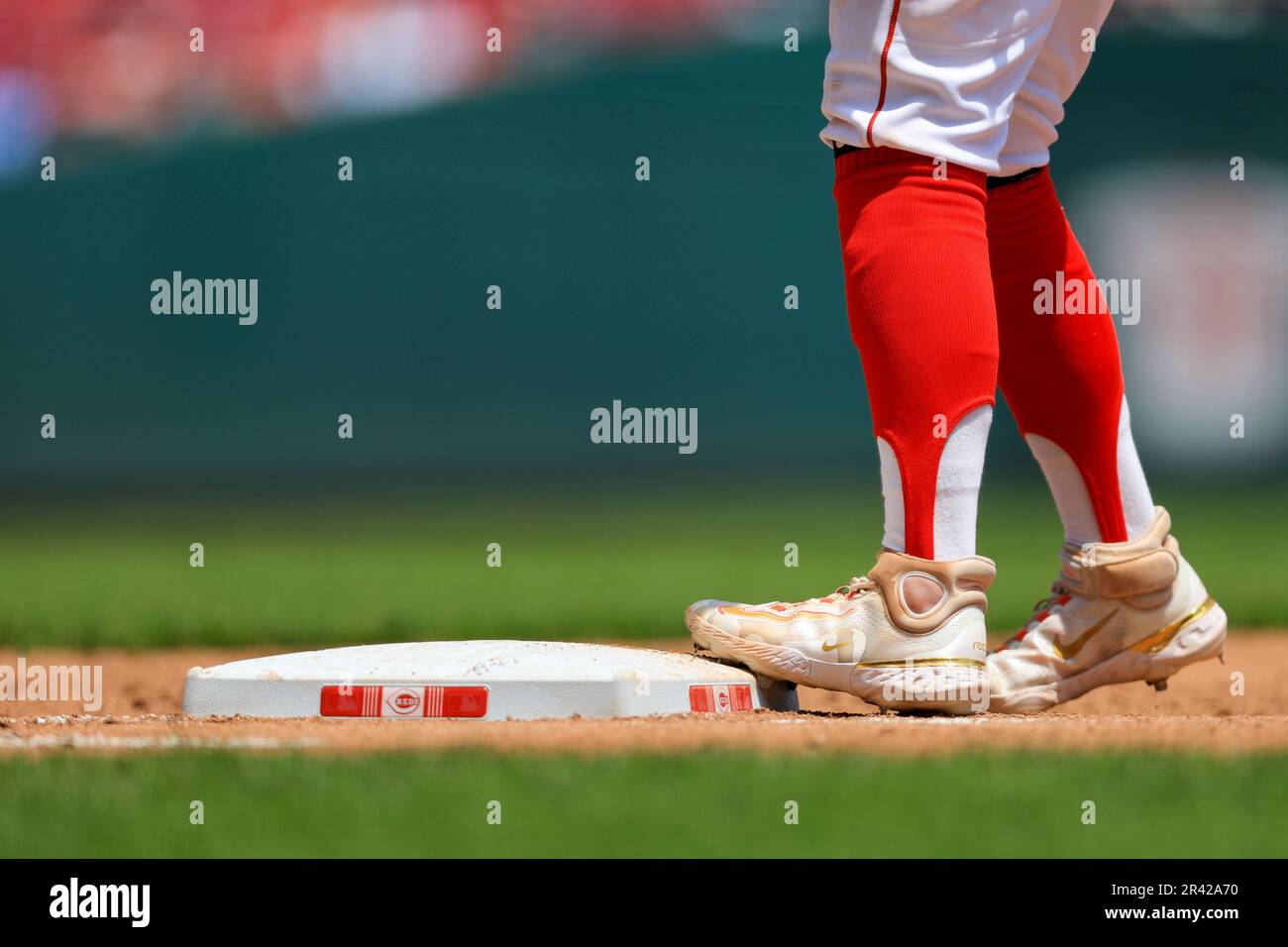 The socks and cleats worn by Cincinnati Reds' Jonathan India are seen ...