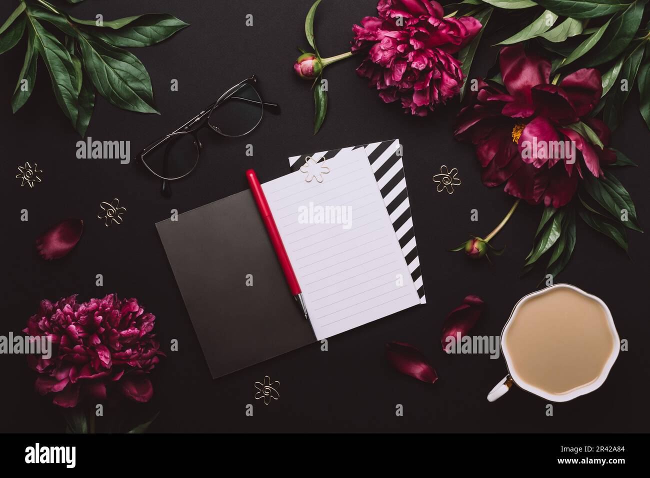 Female Home office desk. Elegant Workspace with notebook, accessories ...